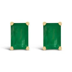 HAUS OF BRILLIANCE 14k Gold Emerald Cut Gemstone Stud Earrings - Green Emerald | Yellow